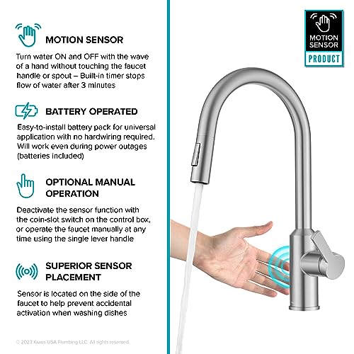 KRAUS Oletto Touchless Sensor Pull-Down Single Handle Kitchen Faucet in Spot-Free Stainless Steel, KSF-2830SFS