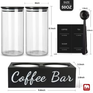 GMISUN Coffee Container, 2Pcs 50oz Black Glass Coffee Bean Storage Canister with Airtight Lids, Coffee and Sugar Jar Set with Scoop/Shelf/Labels, Coffee Containers for Coffee Bar Ground Coffee/Tea