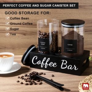 GMISUN Coffee Container, 2Pcs 50oz Black Glass Coffee Bean Storage Canister with Airtight Lids, Coffee and Sugar Jar Set with Scoop/Shelf/Labels, Coffee Containers for Coffee Bar Ground Coffee/Tea