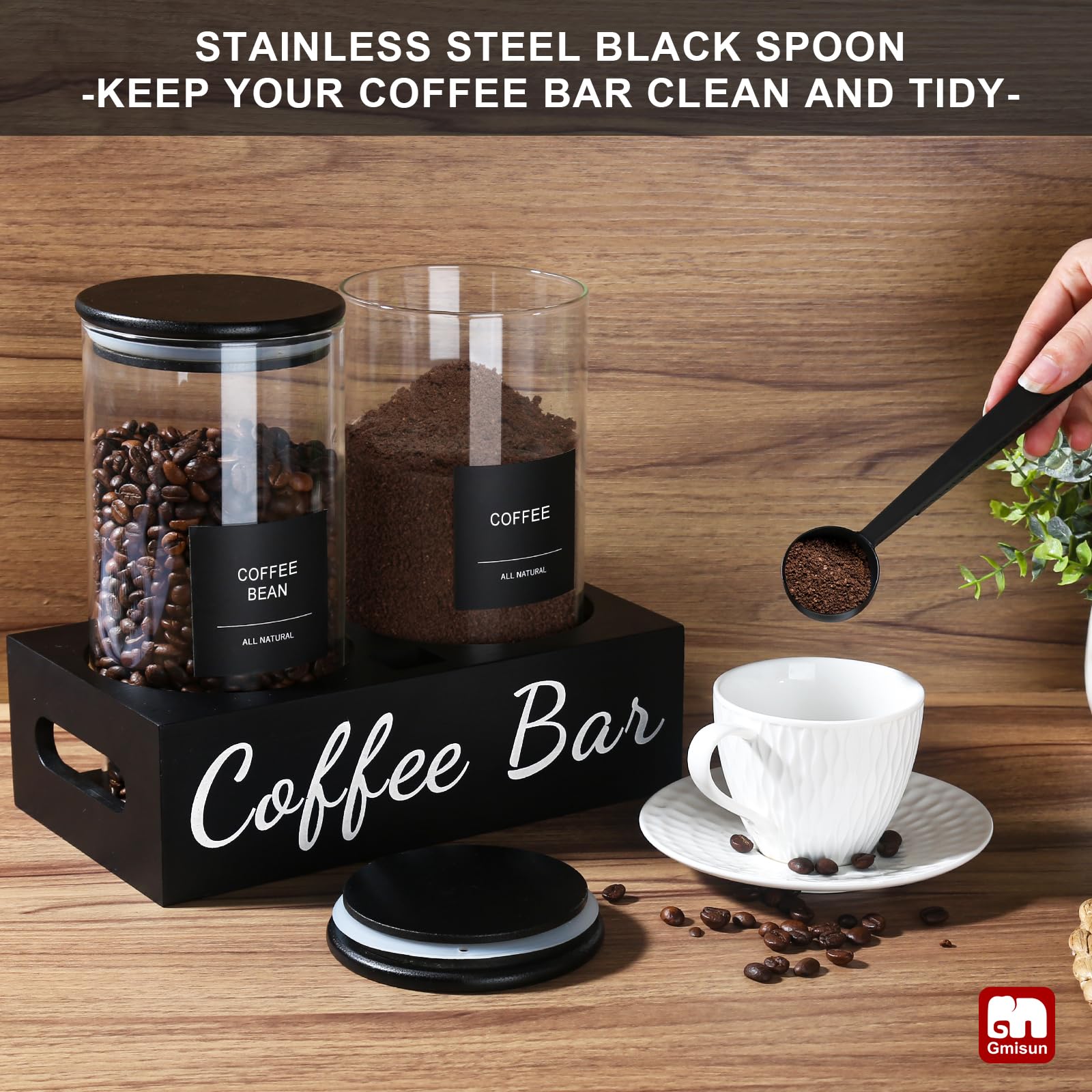 GMISUN Coffee Container, 2Pcs 50oz Black Glass Coffee Bean Storage Canister with Airtight Lids, Coffee and Sugar Jar Set with Scoop/Shelf/Labels, Coffee Containers for Coffee Bar Ground Coffee/Tea