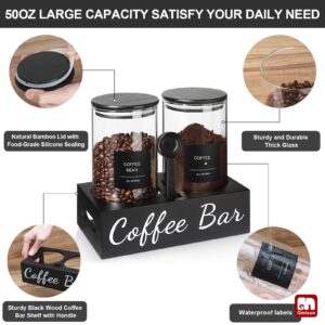 GMISUN Coffee Container, 2Pcs 50oz Black Glass Coffee Bean Storage Canister with Airtight Lids, Coffee and Sugar Jar Set with Scoop/Shelf/Labels, Coffee Containers for Coffee Bar Ground Coffee/Tea