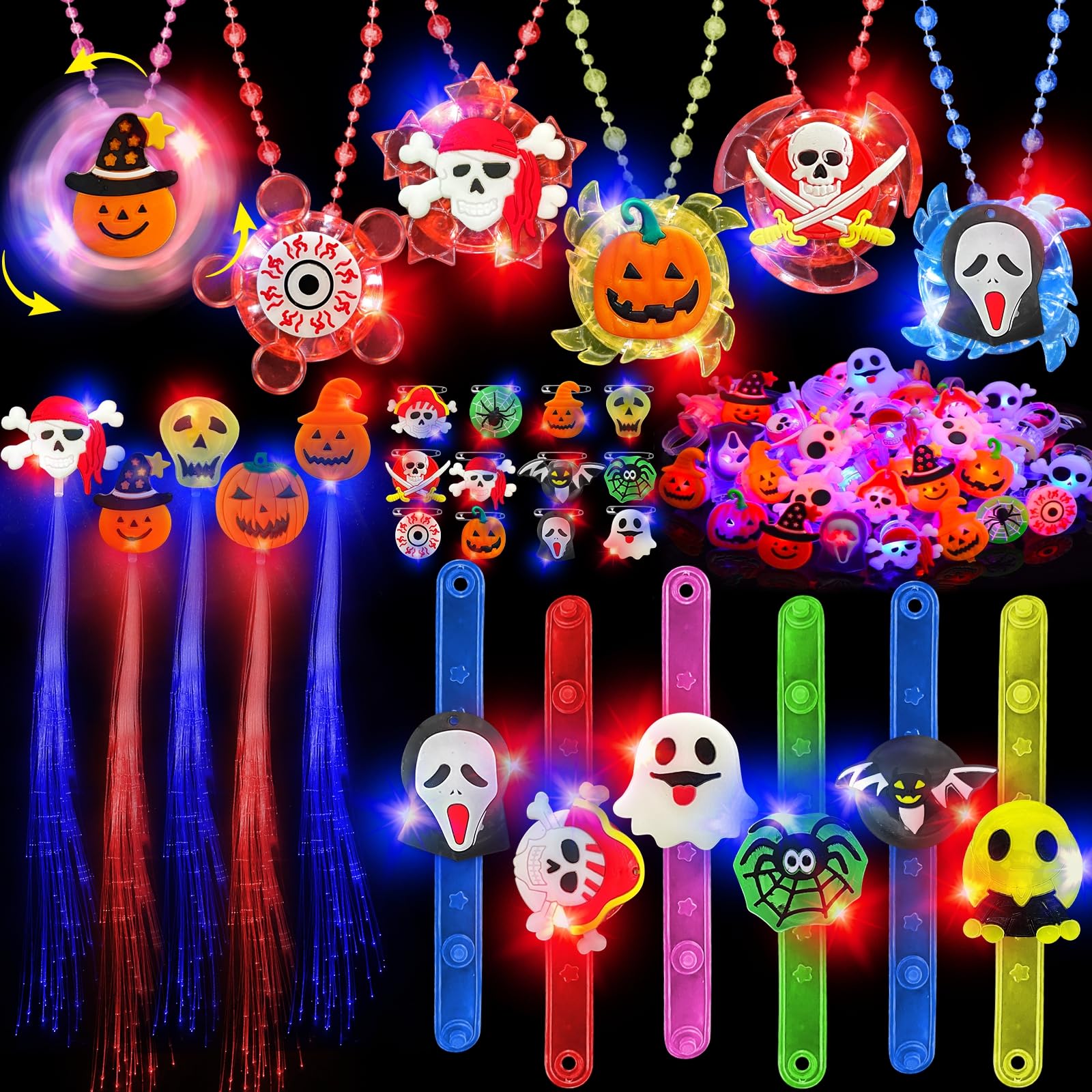 80 Pcs Halloween Party Favors for Kids Halloween Glow in the Dark Toys Rotating Spin Light Up Necklaces LED Bracelets Flash Rings Brooches Hair Lights Halloween Treats Gifts Bag Fillers Party Supplies