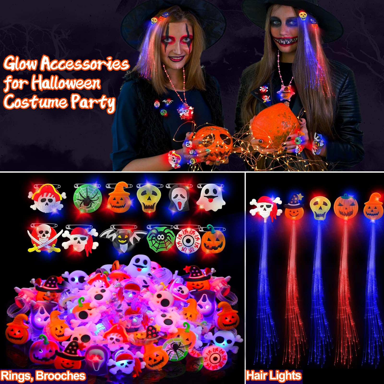 80 Pcs Halloween Party Favors for Kids Halloween Glow in the Dark Toys Rotating Spin Light Up Necklaces LED Bracelets Flash Rings Brooches Hair Lights Halloween Treats Gifts Bag Fillers Party Supplies