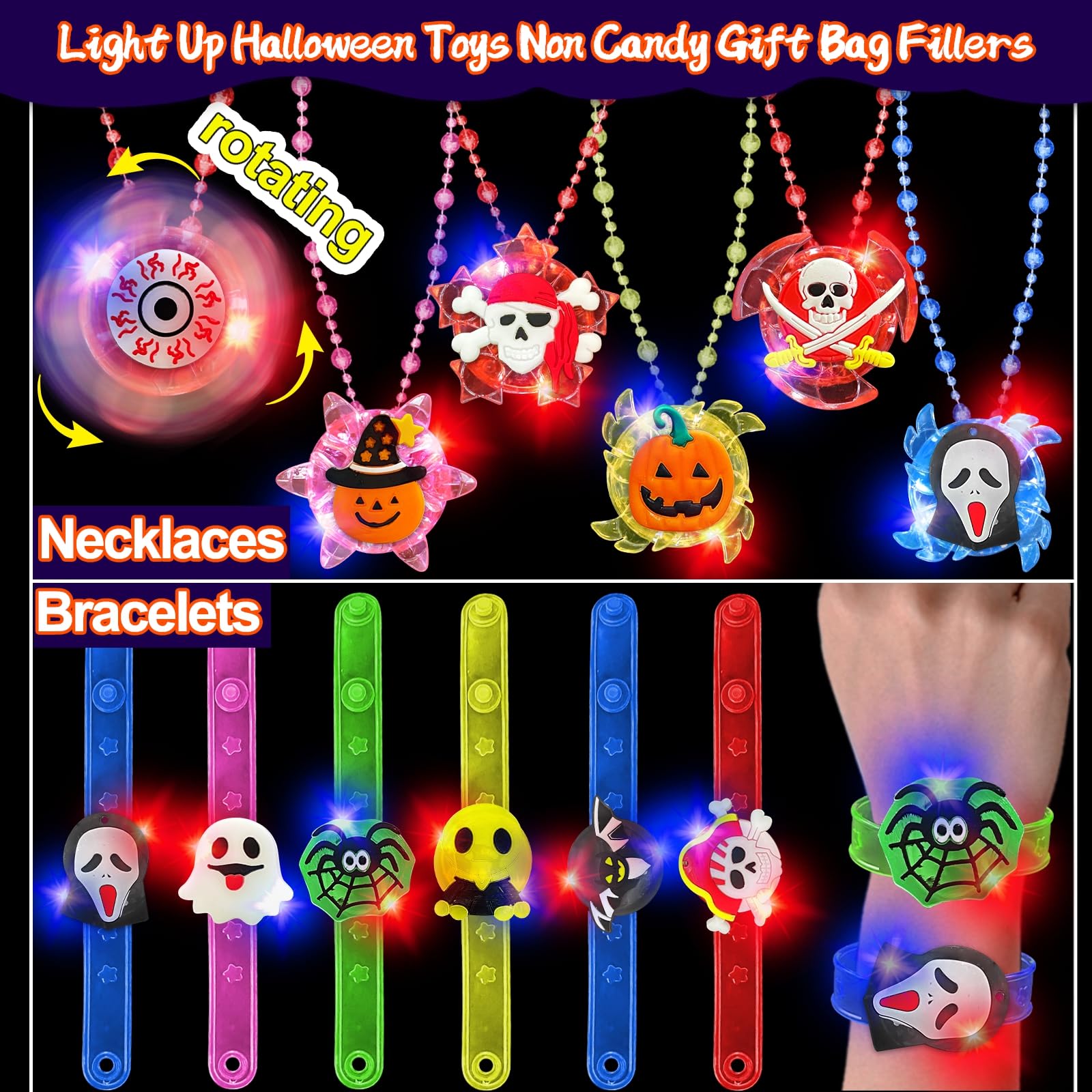 80 Pcs Halloween Party Favors for Kids Halloween Glow in the Dark Toys Rotating Spin Light Up Necklaces LED Bracelets Flash Rings Brooches Hair Lights Halloween Treats Gifts Bag Fillers Party Supplies