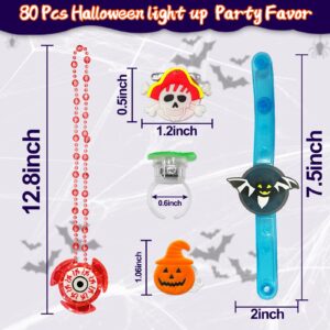 80 Pcs Halloween Party Favors for Kids Halloween Glow in the Dark Toys Rotating Spin Light Up Necklaces LED Bracelets Flash Rings Brooches Hair Lights Halloween Treats Gifts Bag Fillers Party Supplies