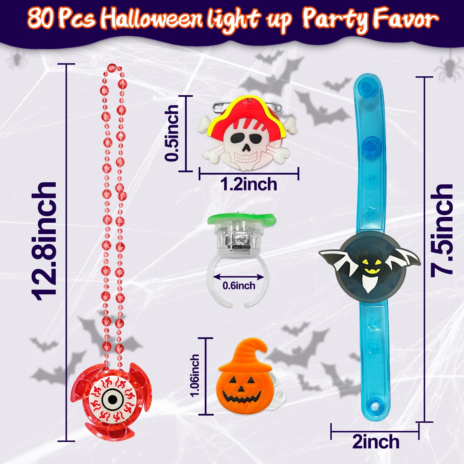 80 Pcs Halloween Party Favors for Kids Halloween Glow in the Dark Toys Rotating Spin Light Up Necklaces LED Bracelets Flash Rings Brooches Hair Lights Halloween Treats Gifts Bag Fillers Party Supplies