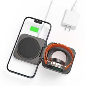 2 in 1 foldable mini travel wireless charger stand for apple, kuxiu aluminum alloy magnetic charging station compatible with iphone 15/14/13/12pro/max, 5w fast charging watch 9/8/7/ultra2, airpods pro