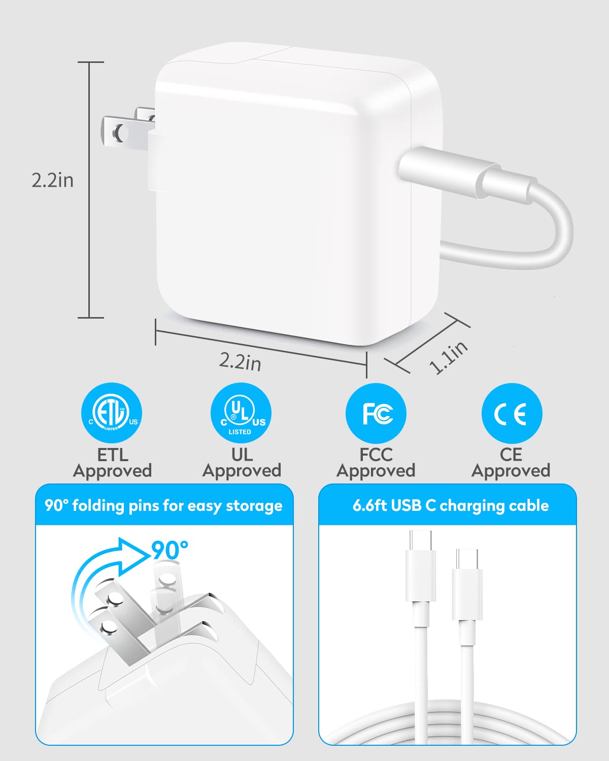 65W USB C Charger,Type C GaN III PD 3.0 Wall Charger Fast Charging for iPhone 15/14/13,MacBook Pro/Air, iPad Pro/Air,Samsung Galaxy S22/S21,Pixel,Switch and Android Series,6.6ft USB C to C Cable