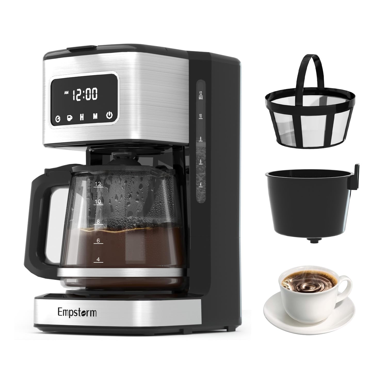 Empstorm Coffee Machine for 8 to 12 Cup Large Coffee Maker,Keep Warm for 24 Hours with Led Touch Screen,Automatic Power Off Function,Regular & Strong Brew Two Modes with Glass Coffee Pot