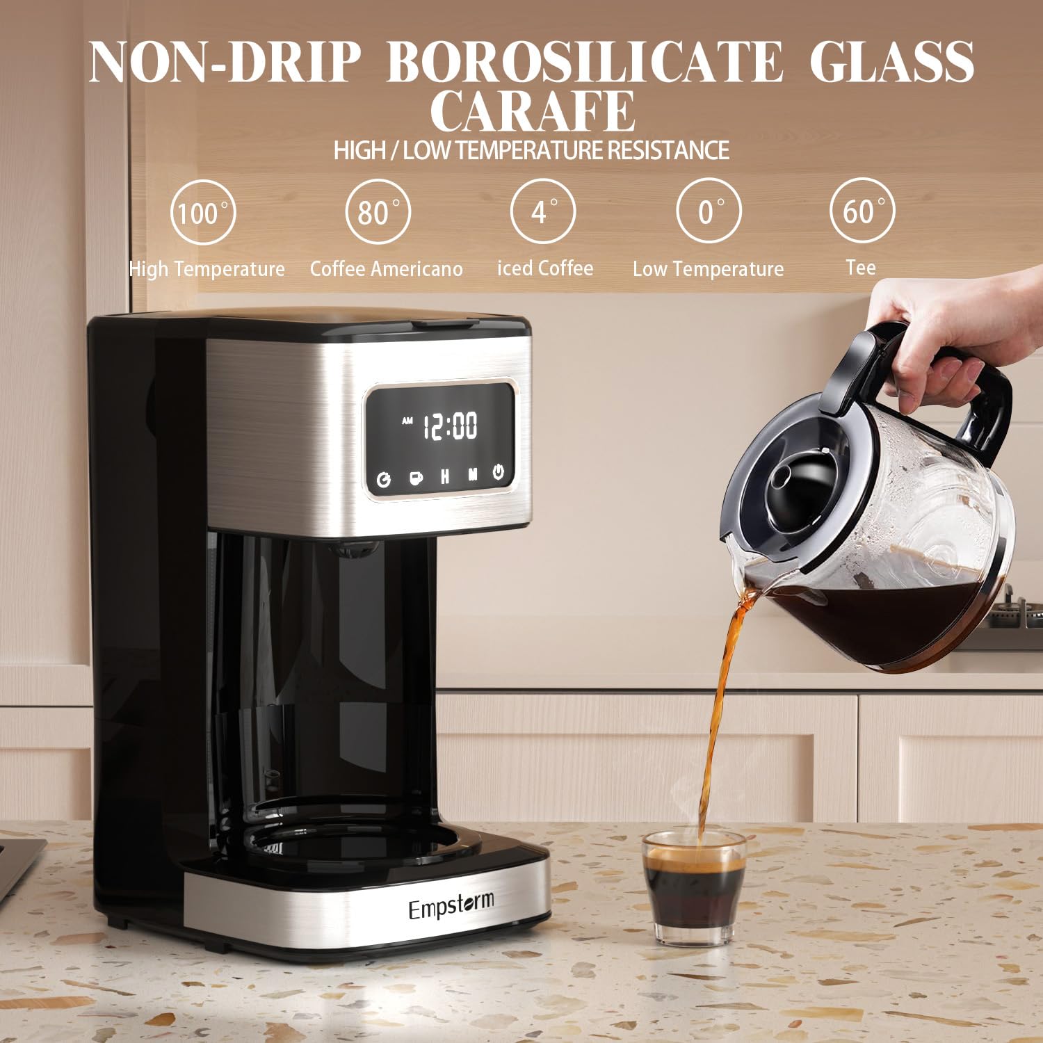 Empstorm Coffee Machine for 8 to 12 Cup Large Coffee Maker,Keep Warm for 24 Hours with Led Touch Screen,Automatic Power Off Function,Regular & Strong Brew Two Modes with Glass Coffee Pot