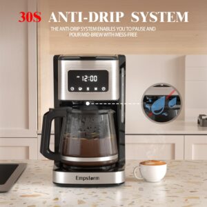 Empstorm Coffee Machine for 8 to 12 Cup Large Coffee Maker,Keep Warm for 24 Hours with Led Touch Screen,Automatic Power Off Function,Regular & Strong Brew Two Modes with Glass Coffee Pot