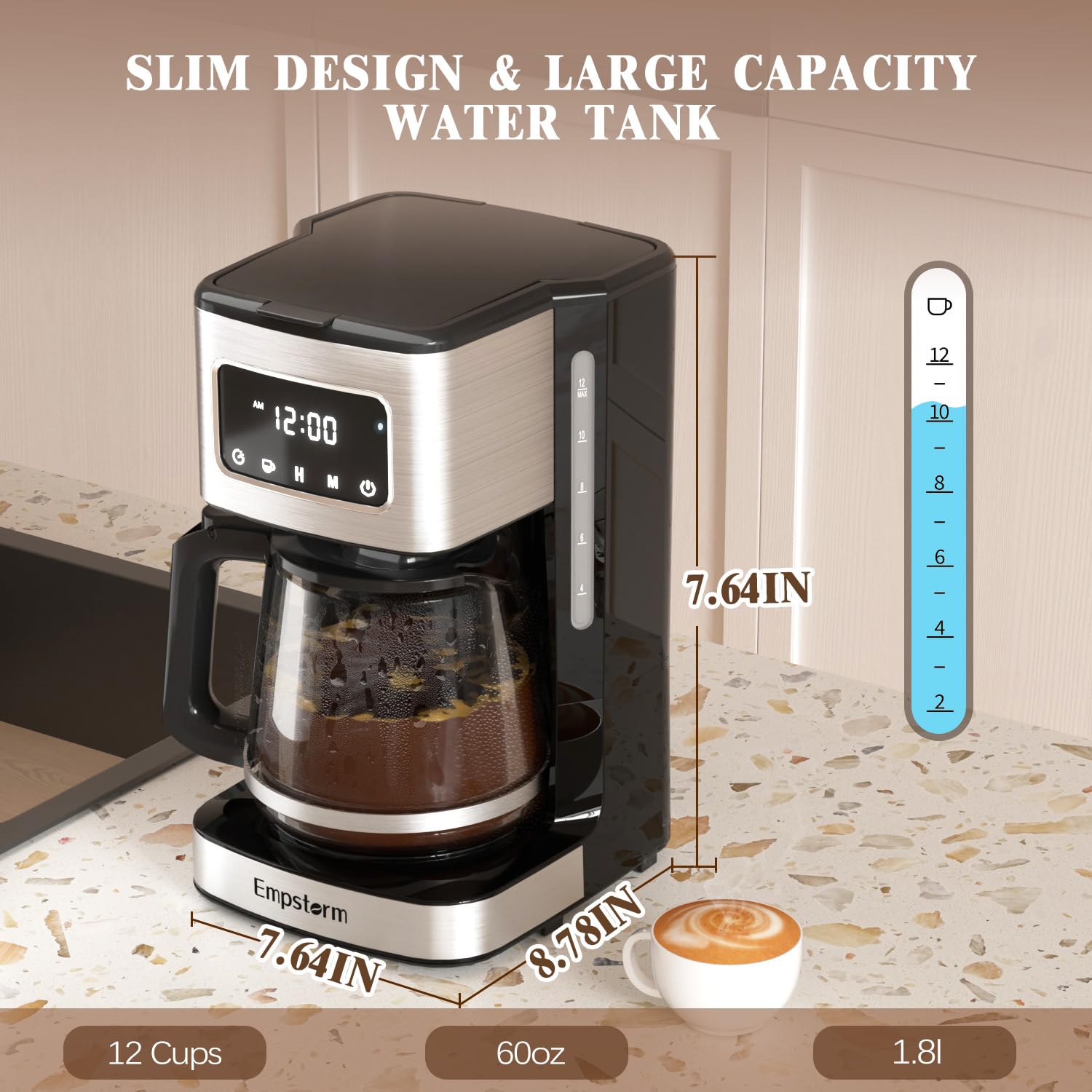 Empstorm Coffee Machine for 8 to 12 Cup Large Coffee Maker,Keep Warm for 24 Hours with Led Touch Screen,Automatic Power Off Function,Regular & Strong Brew Two Modes with Glass Coffee Pot