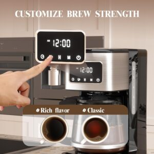 Empstorm Coffee Machine for 8 to 12 Cup Large Coffee Maker,Keep Warm for 24 Hours with Led Touch Screen,Automatic Power Off Function,Regular & Strong Brew Two Modes with Glass Coffee Pot