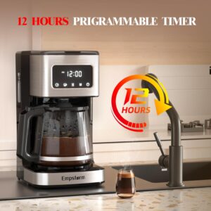 Empstorm Coffee Machine for 8 to 12 Cup Large Coffee Maker,Keep Warm for 24 Hours with Led Touch Screen,Automatic Power Off Function,Regular & Strong Brew Two Modes with Glass Coffee Pot