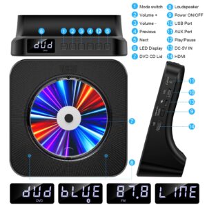 Gueray DVD Player for TV CD Player for Home with Bluetooth Speakers Supports Remote Control Display FM Radio with CD Player USB Card Playback 3.5 mm AUX Alarm Clock All Region Free with AV Dust Cover