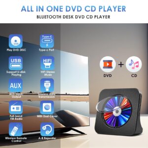 Gueray DVD Player for TV CD Player for Home with Bluetooth Speakers Supports Remote Control Display FM Radio with CD Player USB Card Playback 3.5 mm AUX Alarm Clock All Region Free with AV Dust Cover