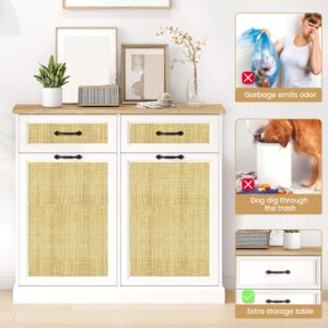 Double Tilt Out Kitchen Trash Cabinet,Freestanding Trash Cabinet with Countertop and Drawer,Wooden Pet Proof Recycling Cabinet, Hideaway Trash Holder for Home Kitchen Bathroom Living Room Single