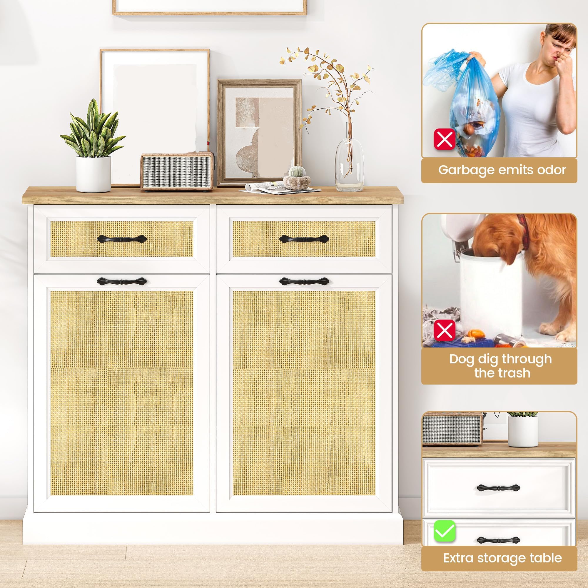 Double Tilt Out Kitchen Trash Cabinet,Freestanding Trash Cabinet with Countertop and Drawer,Wooden Pet Proof Recycling Cabinet, Hideaway Trash Holder for Home Kitchen Bathroom Living Room Single