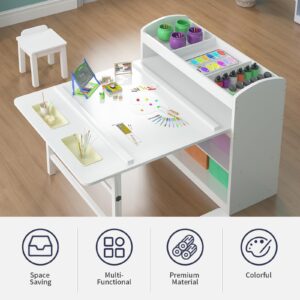 ijuicy Kids Art Table & Chair Set, Wooden Drawing Painting Craft Center, Wooden Activity Table & Chair Set with 6 Storage Boxes, Kids Craft Table for Boys, Girls (White)