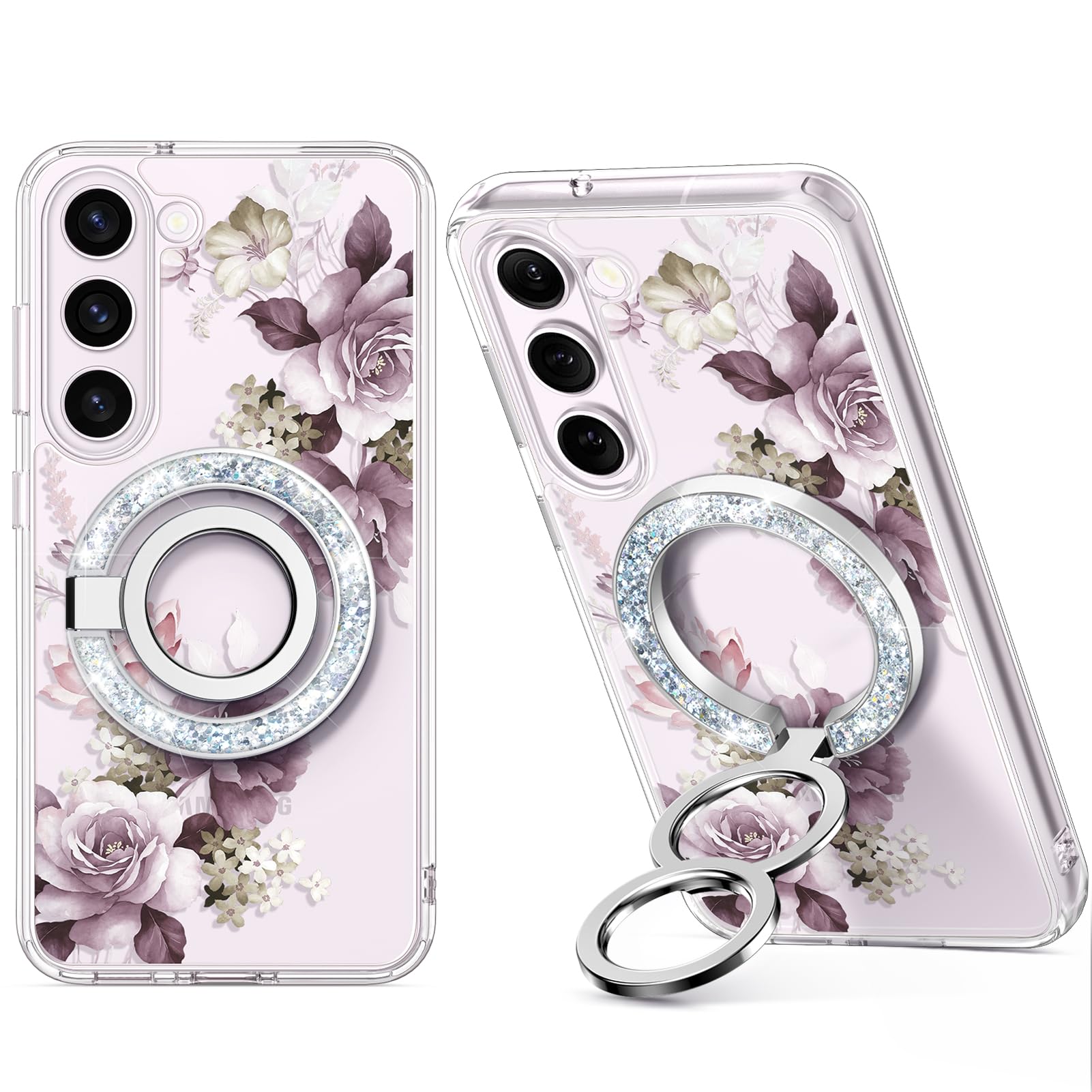 GVIEWIN Bundle - Compatible with Samsung Galaxy S23 Plus Case (Cherry Blossoms/Purple) + Magnetic Phone Ring Holder (Glitter/Silver)