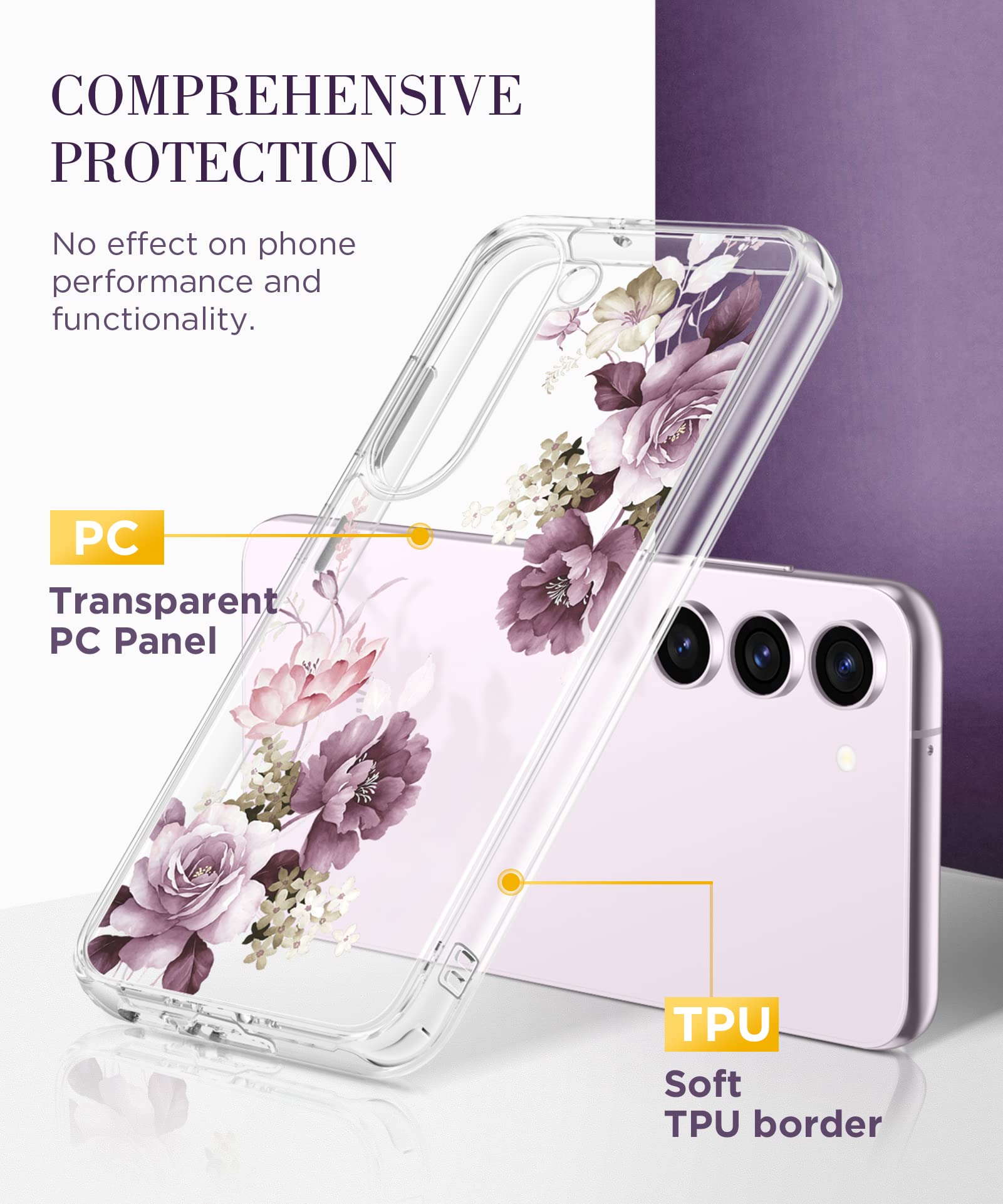 GVIEWIN Bundle - Compatible with Samsung Galaxy S23 Plus Case (Cherry Blossoms/Purple) + Magnetic Phone Ring Holder (Glitter/Silver)