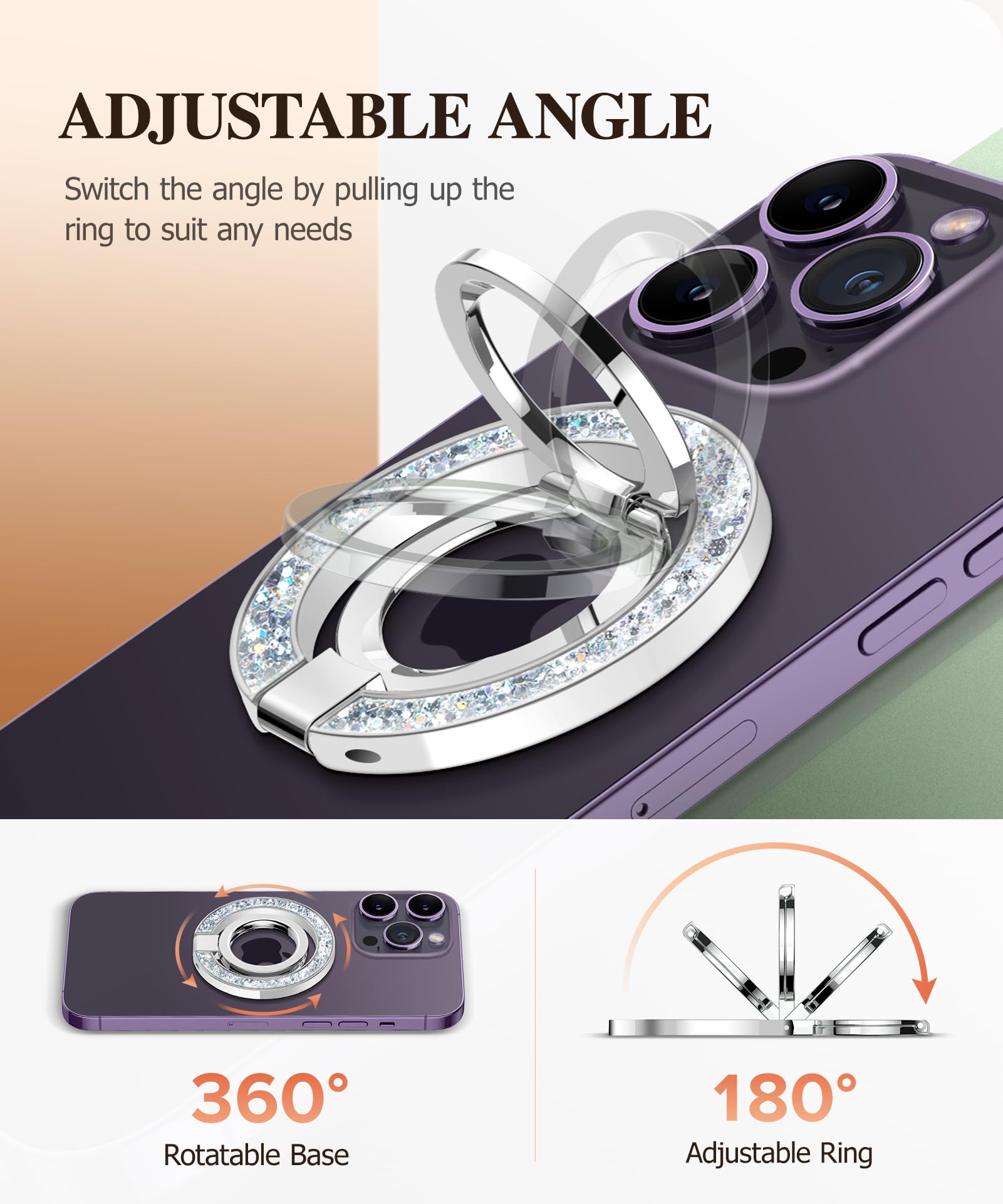 GVIEWIN Bundle - Compatible with Samsung Galaxy S23 Plus Case (Cherry Blossoms/Purple) + Magnetic Phone Ring Holder (Glitter/Silver)