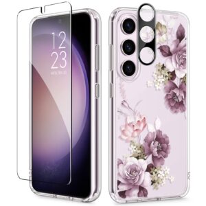 GVIEWIN Bundle - Compatible with Samsung Galaxy S23 Plus Case (Cherry Blossoms/Purple) + Magnetic Phone Ring Holder (Glitter/Silver)