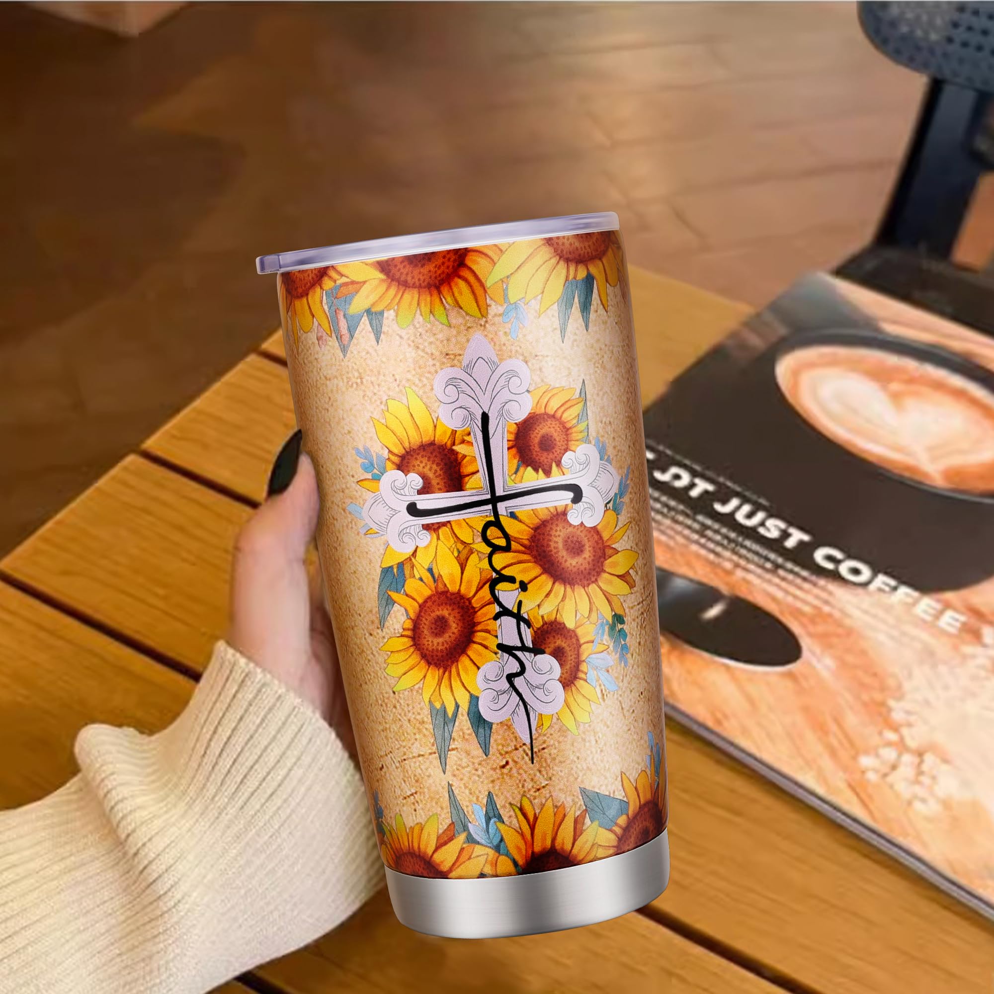 Christian Gifts for Women Men 20oz Inspirational Sunflower Tumbler, Birthday Christmas Mothers Day Gifts for Mom Wife Sister Friend Catholic Religious Spiritual Get Well Soon Gift