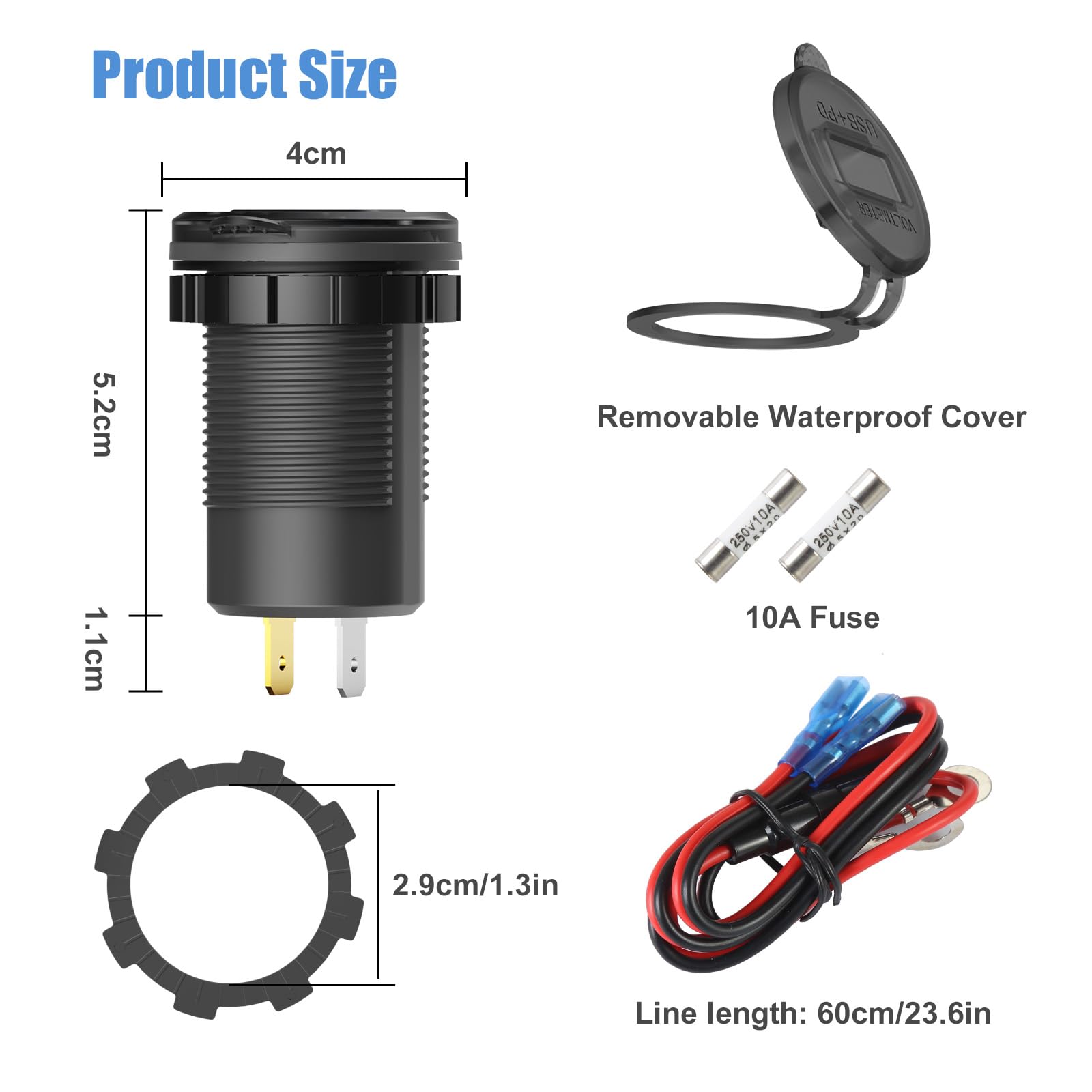 Hapytrip 12 Volt USB Outlet Dual Quick Charge 3.0 Port and PD3.0 USB C Car Battery Chargers Socket, Waterproof 12V Power Outlet Cigarette Lighter Replacement DIY Kit with Voltmeter and Switch for Boat