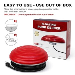 GESAIL Floating Pond De-icer, Durable Cast Aluminum Thermostatically Controlled 4 Drainage Holes for Anti Sinking with Auto Shut Off Pond Heater for Pond Stock Tank Koi Fish, Red 1000W