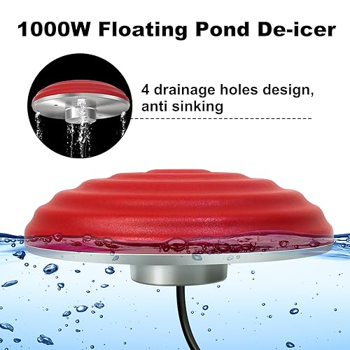 GESAIL Floating Pond De-icer, Durable Cast Aluminum Thermostatically Controlled 4 Drainage Holes for Anti Sinking with Auto Shut Off Pond Heater for Pond Stock Tank Koi Fish, Red 1000W