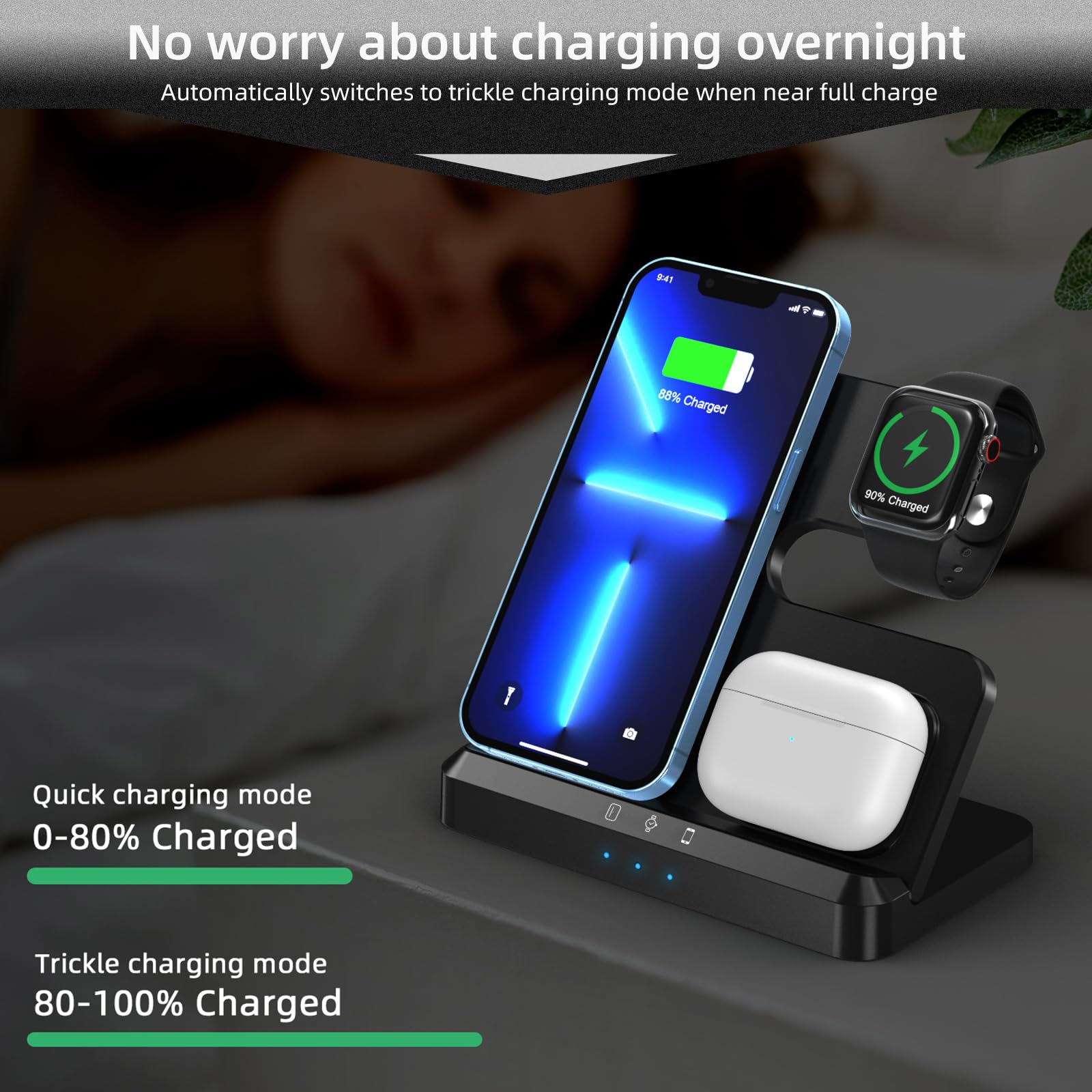 Wireless Charger,3 in 1 Wireless Charging Station for iPhone 15 14 13 12 11 Pro Max/X/8,Charger Stand for Apple Watch Series 9 8 Ultra 7 6 SE 5 4 3,AirPods Pro 2 Black