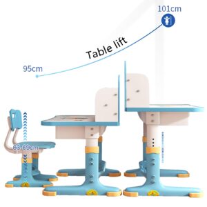 Saterkali Children's Table and Chair Set - Wider Storage Desktop Cartoon Pattern Adjustable Height Combination Multifunctional Learning Table with Drawer Footrest Gift for Boys and Girls Blue