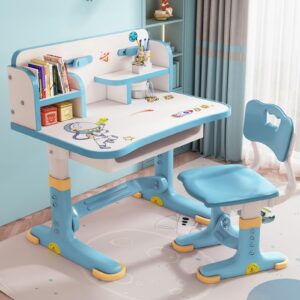 Saterkali Children's Table and Chair Set - Wider Storage Desktop Cartoon Pattern Adjustable Height Combination Multifunctional Learning Table with Drawer Footrest Gift for Boys and Girls Blue