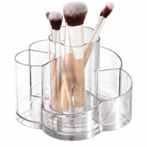 makeup brush holder, acrylic 6 slots skincare organizers, 360 degree rotating pen bucket, decorative clear vanity cosmetics display case for lipstick beauty egg foam eyebrow pencil powder tube