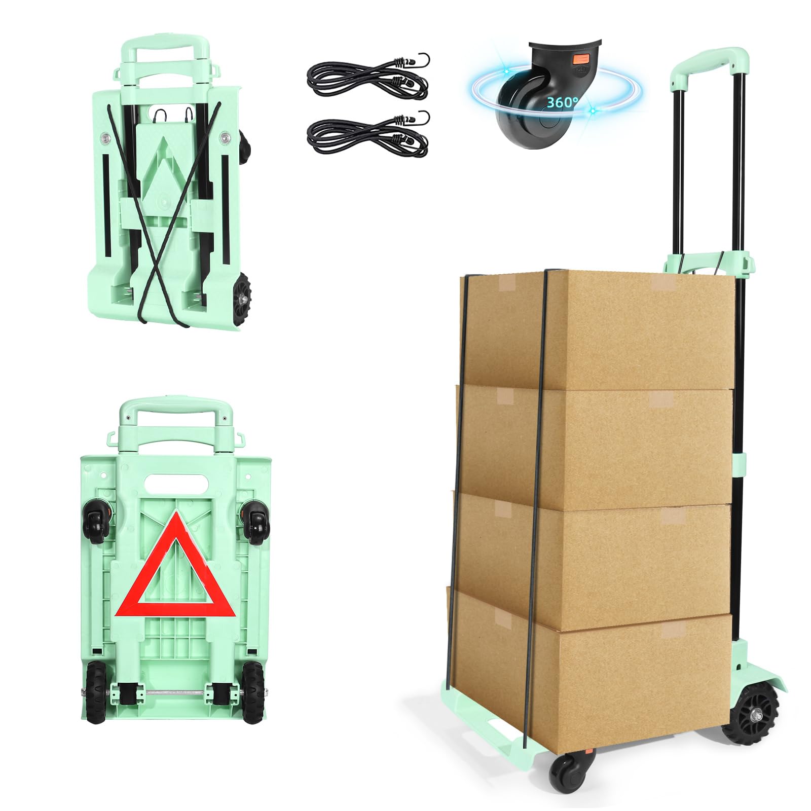 Folding Hand Truck Trolley 80Kg/176Lbs Heavy Duty Luggage Utility Cart with Rotate 4 Wheels Warning Sign Telescoping Handle Portable Fold Up Dolly Bungee Cord for Moving Shopping Travel(Green Pro)