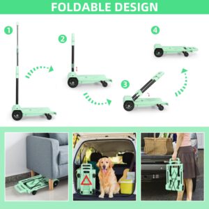 Folding Hand Truck Trolley 80Kg/176Lbs Heavy Duty Luggage Utility Cart with Rotate 4 Wheels Warning Sign Telescoping Handle Portable Fold Up Dolly Bungee Cord for Moving Shopping Travel(Green Pro)