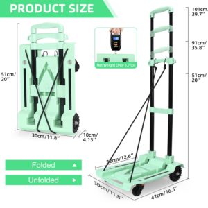 Folding Hand Truck Trolley 80Kg/176Lbs Heavy Duty Luggage Utility Cart with Rotate 4 Wheels Warning Sign Telescoping Handle Portable Fold Up Dolly Bungee Cord for Moving Shopping Travel(Green Pro)