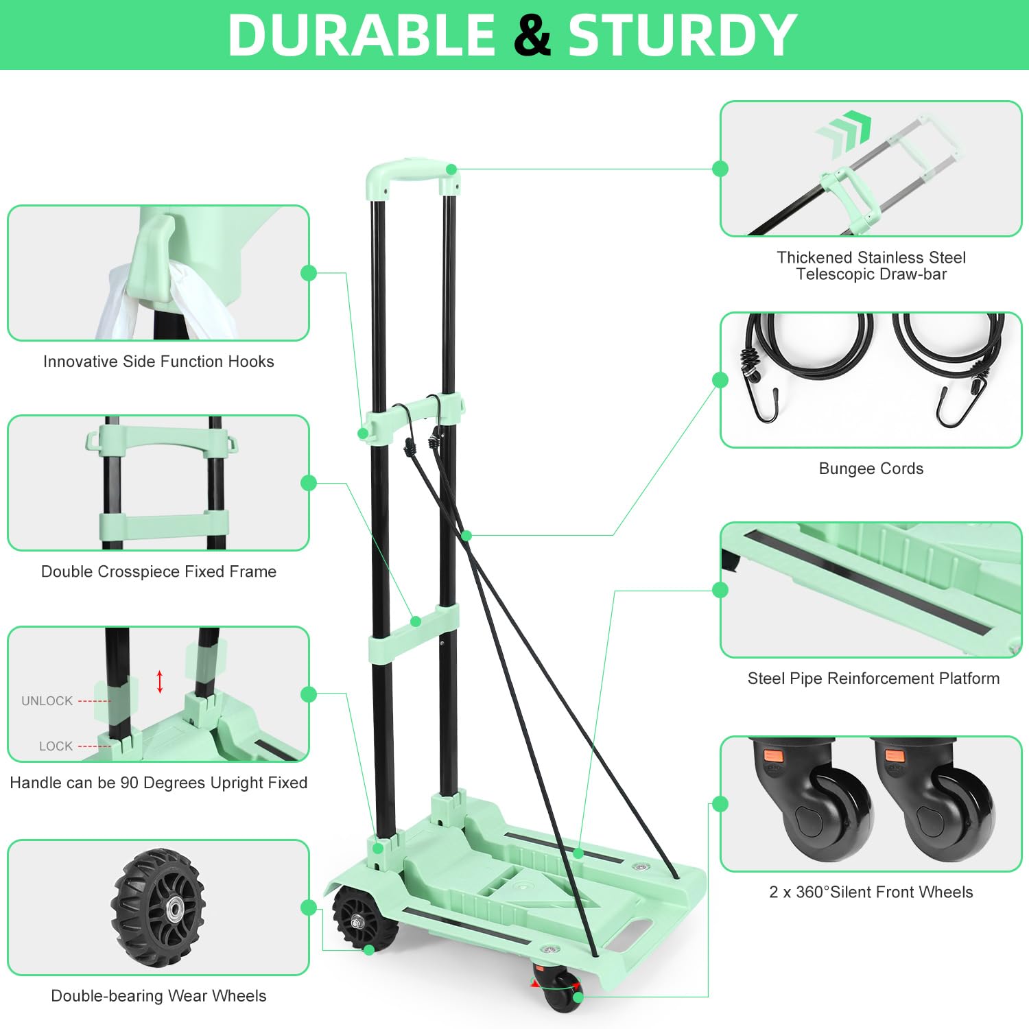 Folding Hand Truck Trolley 80Kg/176Lbs Heavy Duty Luggage Utility Cart with Rotate 4 Wheels Warning Sign Telescoping Handle Portable Fold Up Dolly Bungee Cord for Moving Shopping Travel(Green Pro)