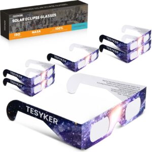 tesyker solar eclipse glasses, 6 pack paper solar eclipse glasses for safety solar eclipse viewing, iso 12312-2 certified for direct sun observation, aas-approved