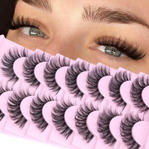 goddvenus fluffy mink false eyelashes, 7 pairs d curve wispy cat eye, soft faux mink lashes with clear band, reusable false eyelashes for daily beauty