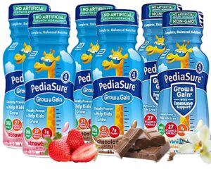 pediasure grow and gain with immune support shake | complete balanced nutrition | strawberry, vanilla, and chocolate flavors assortments it’s great for kids breakfast, in a lunch box, and as a snack! | 8 fl oz bottle- betrulight value pack of 6 (assortmen