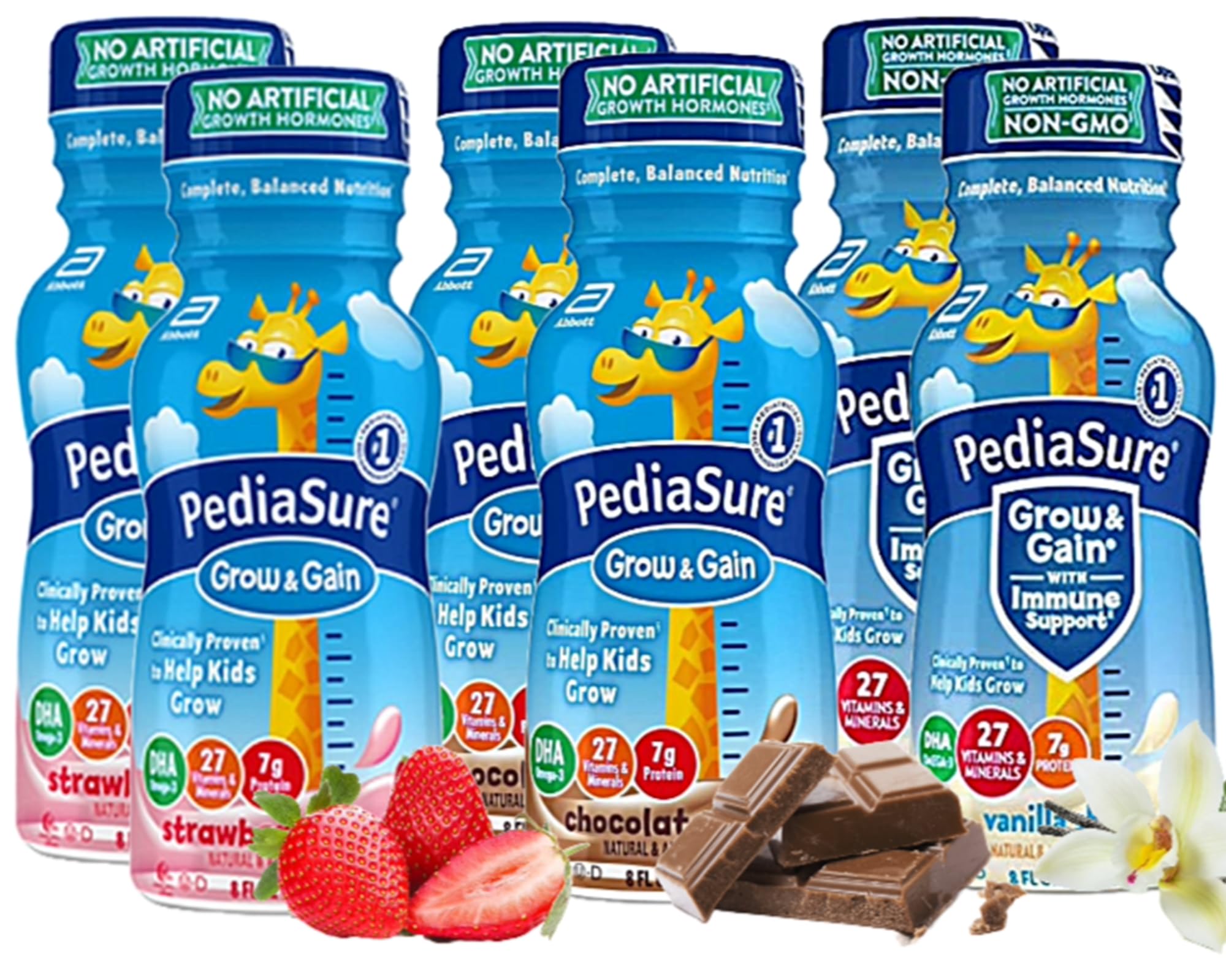 PediaSure Grow and Gain With Immune Support Shake | Complete Balanced Nutrition | Strawberry, Vanilla, and Chocolate Flavors Assortments It’s Great for Kids Breakfast, in a Lunch Box, and as a Snack! | 8 FL OZ Bottle- BETRULIGHT Value Pack of 6 (Assortmen