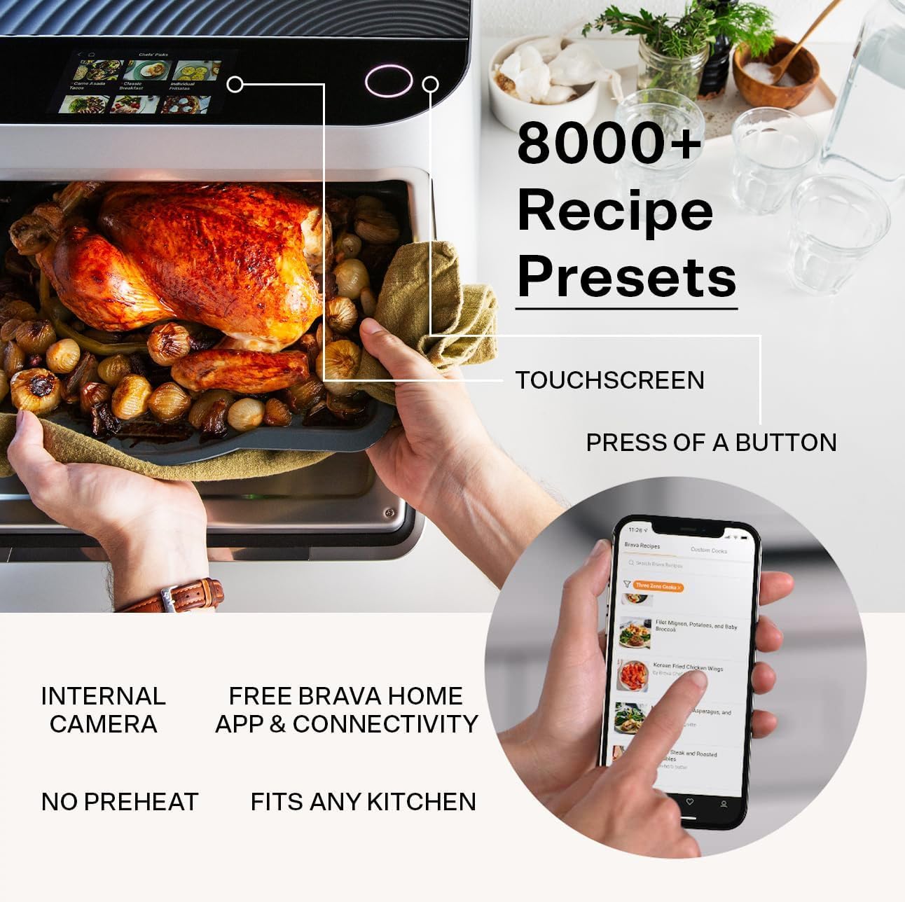 Brava Glass: 10-in-1 Touchscreen Countertop Smart Oven, Glass Door, Wireless Thermometer, Air Fryer, 6-Slice Toaster, Slow Cooker, Reheater, Dehydrator, Rice Cooker, Auto-Shut Off, 1800W