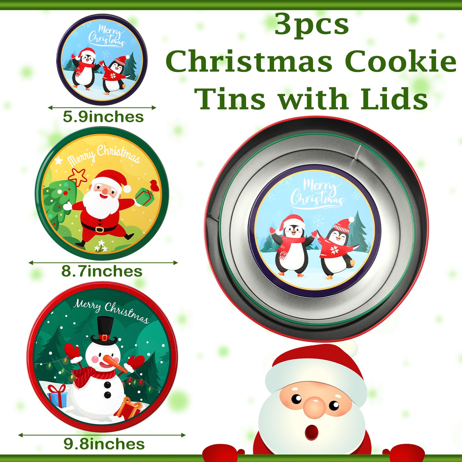 Sliner 3 Pcs Christmas Cookie Tins with Lids Large Xmas Tin Containers for Gifts Giving Round Metal Cookie Containers Festive Christmas Treat Tins for Holiday Cake Candy Biscuits