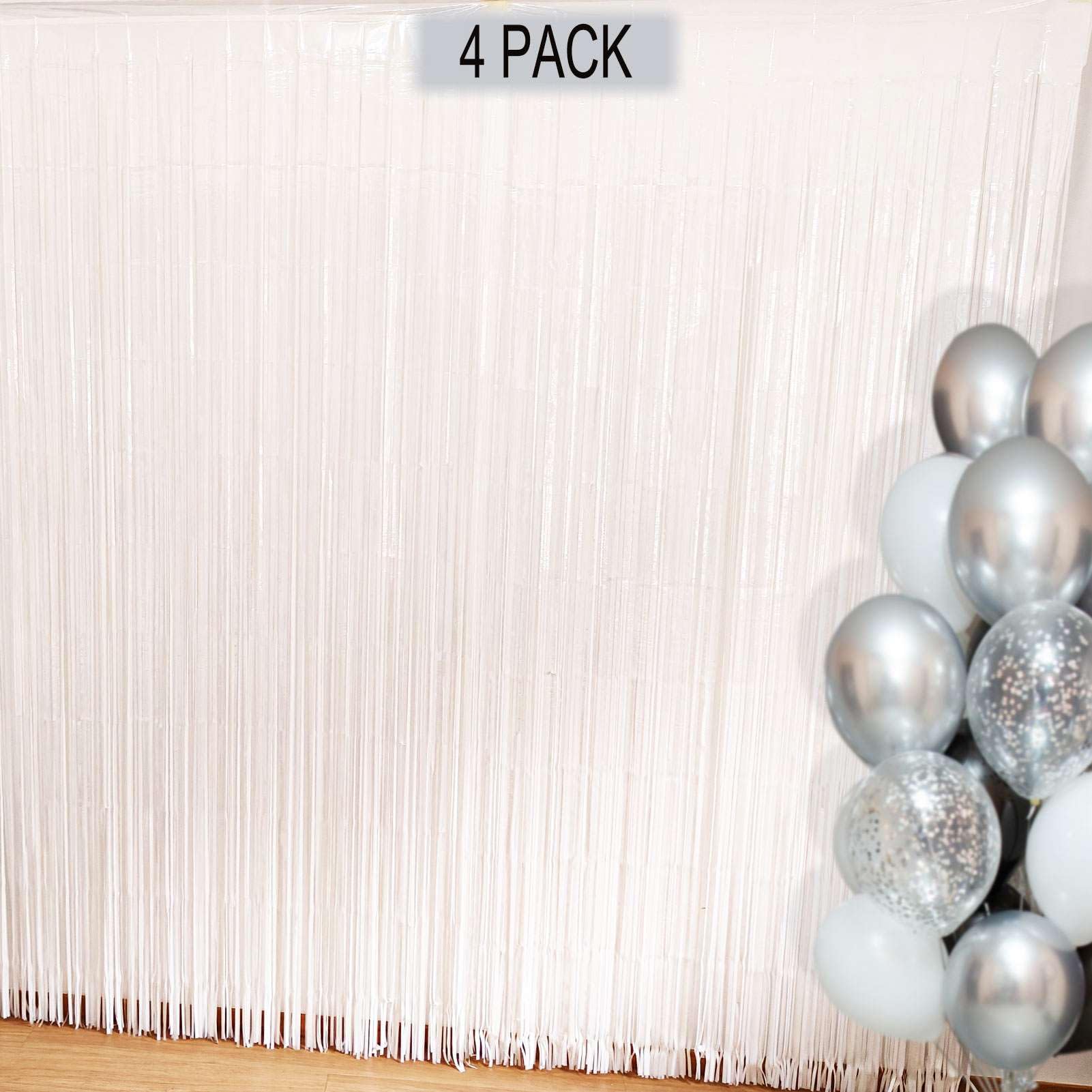 EUFARS White Fringe Backdrop Curtains for Parties - 4 Pack of 3.2x8.2ft White Streamers Curtain Photo Backdrop for Wedding Birthday Bridal Shower Baby Shower Bachelorette Christmas Party Decorations