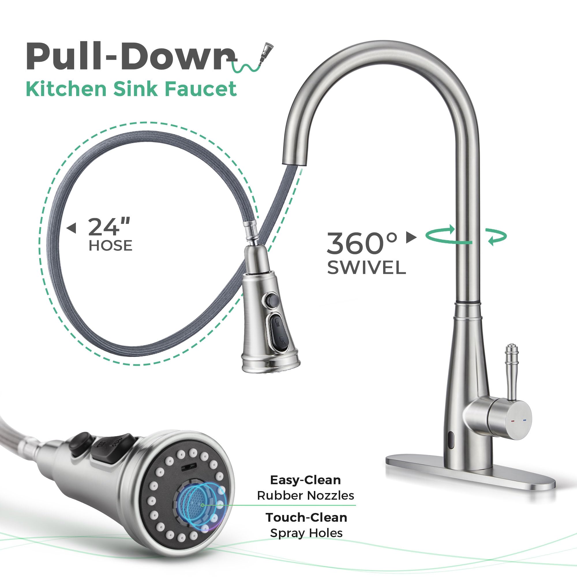 KPAIDA Touchless Kitchen Faucet with Pull Down Sprayer, Brushed Nickel Kitchen Sink Faucet with Deck Plate, Infrared Motion Sensor Smart Stainless Steel Single Handle High Arc Faucet for Kitchen Sink