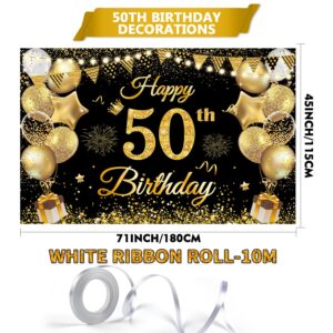 50th Birthday Decorations for Men Women, Happy 50th Birthday Banner decorations Cheers to 50 Years Birthday Party Suppiles Black Gold Backdrop for 50th Birthday party favors Decor (71 x 45 inch)