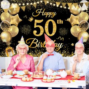 50th Birthday Decorations for Men Women, Happy 50th Birthday Banner decorations Cheers to 50 Years Birthday Party Suppiles Black Gold Backdrop for 50th Birthday party favors Decor (71 x 45 inch)