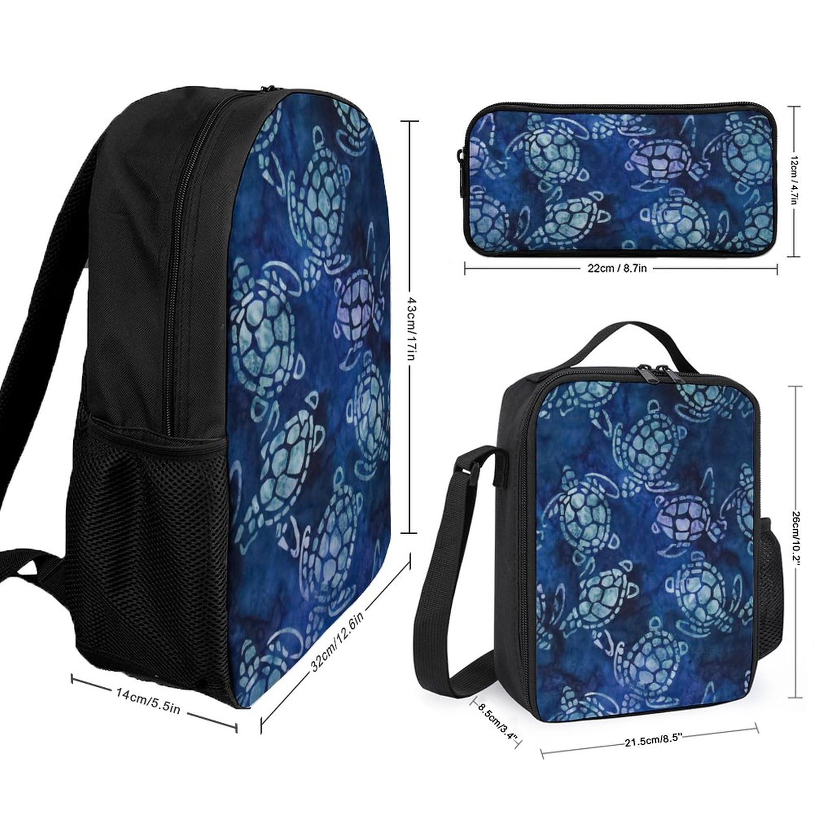 Sea Turtle Blue Print 17 Inch Laptop Backpack Lunch Bag Pencil Case Lightweight 3 Piece Set for Travel Hiking